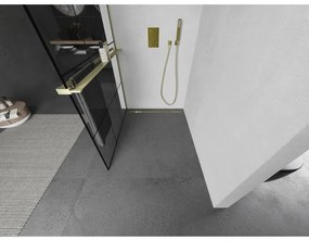 Mexen Kioto+, sprchová zástěna Walk-In s poličkou a věšákem 110 x 200 cm, 8mm čiré sklo černý vzor, ​​zlatý matný profil, 800-110-121-55-77