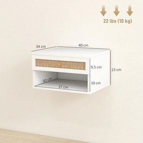HOMCOM sada závěsných nočních stolků se zásuvkou z ratanu a otevřeným prostorem do ložnice 40x34x23 cm, bílá
