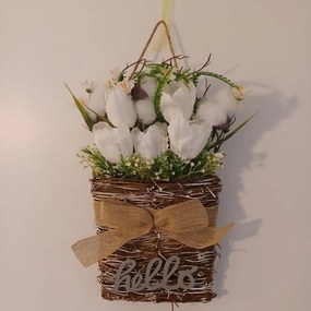 Jarní dekorace bílé květiny 23 × 40 cm, proutí a plast, IP44, venkovní