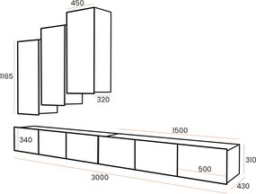 GAB Obývací stěna LORONA 20, Bílá/Zlatý dub 300 cm