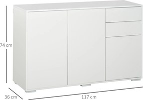HOMCOM Příborník bílý Komoda se 2 zásuvkami a 3 dvířky, víceúčelová skříň, skříňka na dokumenty, 117x36x74cm