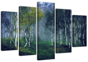 Obraz na plátně pětidílný Březový les v mlze - 150x100 cm