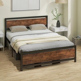 HOMCOM rám manželské postele 200 x 160 cm z oceli s roštem a čelem postele, kompatibilní s matrací tmavý dřevěný vzhled