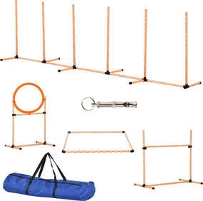 PawHut 4-dílná souprava na agility pro psy – Hra agility pro psy se slalomovými tyčemi, odpočinkovou zónou, plotem a oranžovým skokovým kruhem | Aosom