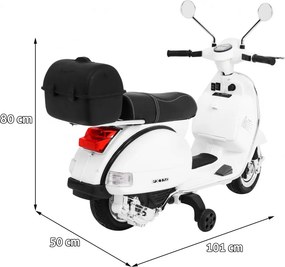 Ramiz Elektrický skútr Vespa pro děti bílý + pomocná kolečka + audio + ekokůže + EVA + plynulý start