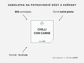 CHILLI CON CARNE - omyvatelná samolepka na kořenky, výběr rozměrů Ø 5 cm / 5 x 5 cm / 6 x 8 cm | DomaLEP tvar: KOLEČKO, barva: BÍLÁ - ČERNÉ písmo, velikost: Ø 5 cm - tučné písmo
