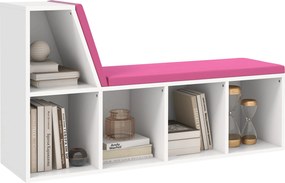 HOMCOM knihovní regál 2 v 1 s lavicí, 5 úložných přihrádek a 2 polštáři 108 x 30 x 60 cm bílá/růžová