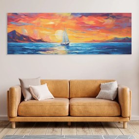 Obraz na plátně - Malá plachetnice a moře při západu slunce FeelHappy.cz Velikost obrazu: 150 x 50 cm