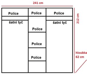 Skříň LUCA 5D3Z, výška: 212 cm, šířka: 241 cm, hloubka: 62 cm, materiál: lamino 16/18 mm