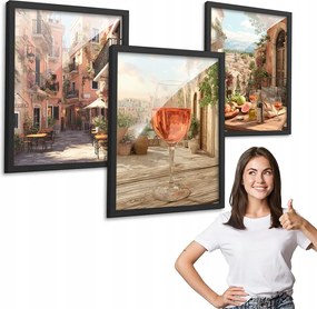 Sada 3 obrazů vzor Italské Město černý rámeček 50x70 triptych do kuchyně