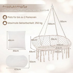 Costway 2-sedačkové závěsné křeslo Boho závěsná houpačka pro 2 osoby s polštáři