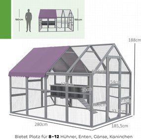 PawHut kurník, výběh pro slepice, 280 x 185,5 x 188 cm, klec pro slepice, výběh pro slepice s dvířky, hnízdní box, střecha, rampa, dřevo| Aosom