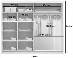 Prostorná šatní skříň AMADEO, šířka 200 cm, výška 245 cm
