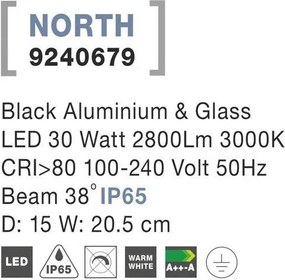 NV 9240679 Venkovní reflektor NORTH černý hliník a sklo LED 30W 3000K 100-240V 38st. IP65 - NOVA LUCE