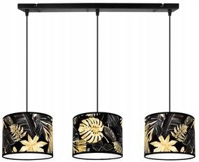 Závěsné svítidlo Gold Flowers, 3x černé textilní stínítko s květinovým vzorem