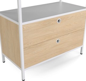 Regál se zásuvkami do kanceláře, na šanony a dokumenty, otevřené police, kovový, bílý/dub sonoma, 800x2200x400 mm: ARIEL Eco Design