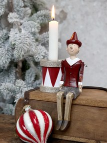 Červeno-bílý antik dřevěný svícen s glitry - 6*7cm