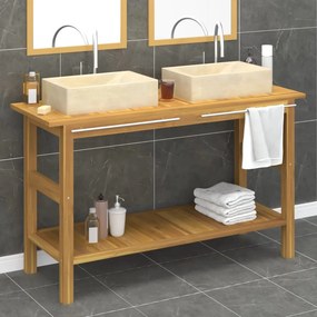 Koupelnová skříňka s umyvadly z krémového mramoru masivní teak 3096578