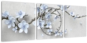 Obraz modrých květů (s hodinami) (90x30 cm)