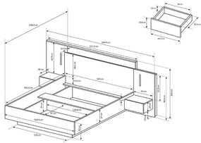 3D | dvoulůžko 160x200 cm + 2x noční stolek + osvětlení | bílá/dub kraft zlatý