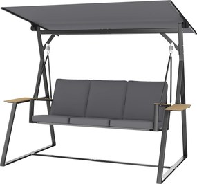 Outsunny třímístná zahradní houpačka s nastavitelnou stříškou UPF50+, 2 odkládacími tácemi, polstry a kovovým rámem — nosnost 360 kg, 222 x 131 x 175