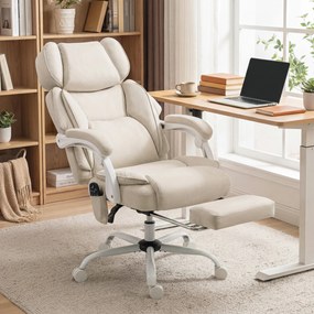 HOMCOM Kancelářská židle s vysokým opěradlem s vibrační masáží a vyhříváním, ergonomická, naklápěcí, s opěrkou nohou, krémově bílá