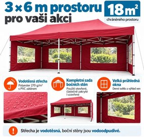 Nůžkový párty stan 3 × 6 m s bočními stěnami, vínový