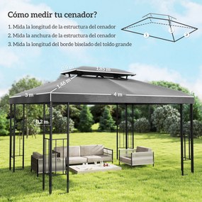 Outsunny náhradní střecha 4x3 m s dvouúrovňovou střechou, odtokovými otvory a UV ochranou, pouze střešní potah, RÁM NEZAHRNUJE, tmavě šedá