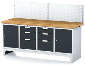 Alfa 3 Dílenský stůl MECHANIC I ,perforovaný panel, 2 skříňky a 2 zásuvkové boxy na nářadí, 6 zásuvek, 2000x685x880 mm, antracit dveře