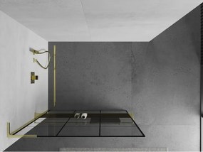 Mexen Kioto+ L, sprchová zástěna Walk-In s poličkou a věšákem 110 x 200 cm, 8mm čiré sklo černý vzor, ​​zlatý lesklý profil, 800-110-123-50-77