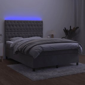 Box spring postel s matrací a LED světle šedá 140x200 cm samet 3136305