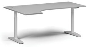 Výškově nastavitelný stůl OBOL, elektrický, 675-1325 mm, rohový levý, deska 1800x1200 mm, bílá zaoblená podnož, šedá
