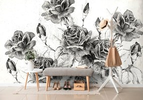Samolepící tapeta černobílá vintage kytice růží - 375x250 cm