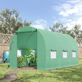 Zelený skleník Outsunny 445x190x200cm s fólií, rajčatový dům s dveřmi, 6 okny, pozinkovaný ocelový tunel, PE, pevný skleník na rostliny, včetně kotvic