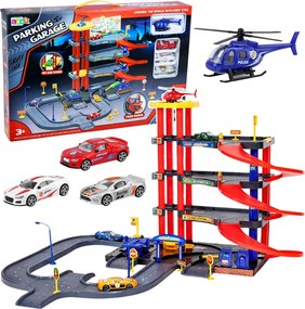 LEAN Toys Vícepodlažní parkoviště, 4 podlaží, s výtahem, vrtulník, autíčka, 70 dílů
