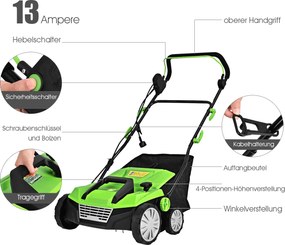 Costway Elektrický vertikutátor provzdušňovač trávníku 1800 W 2 úrovně – zelený
