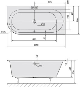 Polysan ASTRA R SLIM 165 x 80 x 48 cm 34611S asymetrická vana pravá bílá
