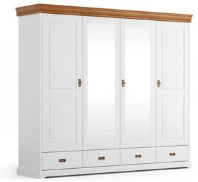 Bílý nábytek Šatní skříň 4D Toskania se zásuvkami, masiv, borovice, dekor bílá-medová