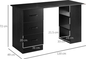 HOMCOM Počítačový stůl se 3 zásuvkami a 3 policemi, stůl do ložnice a kanceláře 120x49x72cm, černý