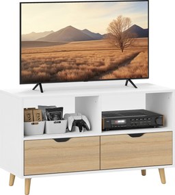 HOMCOM TV skříňka s 2 policemi a zásuvkou, 99 cm dlouhý TV stolek pro televizi, TV jednotka do obývacího pokoje, Bílá, 99 x 39 x 58,3 cm | Aosom
