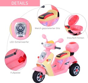HOMCOM dětská elektrická motorka dětská elektrická motorka dětské elektrické auto dětské vozidlo tříkolka, 6V, kov+PP, 108x51x75cm (růžová+žlutá) | A…