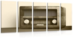 5-dílný obraz retro rádio v sépiové provedení - 200x100 cm