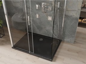 Mexen Omega, 3-stěnový sprchový kout s posuvnými dveřmi 110 (dveře) x 90 (stěna) x 190 cm, 8mm čiré sklo, chromový profil + černá sprchová vanička SLIM, 825-110-090-01-00-3S-4070