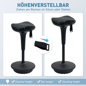 Vinsetto ergonomická otočná sedlová stolička — výškově nastavitelná 65,5–83,5 cm, náklon 120°, protiskluzová, černá