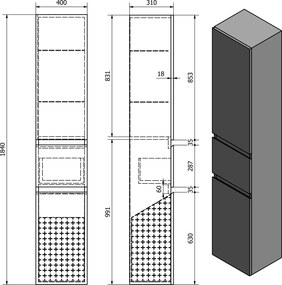 Aqualine Altair koupelnová skříňka doplňková 40 x 184 x 31 cm s košem levá černá mat AI685L
