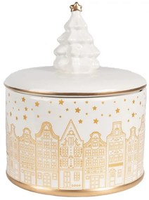 Bílo-zlatá keramická dóza s domky a stromkem - Ø 15 * 19 cm