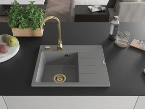 Mexen Ben, 1-komorový granitový dřez 600x500x190 mm, levý + zlatý sifon, šedá, 6522605000-71-G