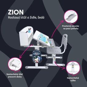Rostoucí psací stůl a židle, šedá/bílá, set ZION