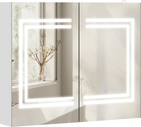 kleankin koupelnová skříňka se zrcadlem s LED osvětlením, 80 x 65 cm, koupelnová skříňka se zrcadlem, soft-close dveře, stmívatelná ve 3 barvách, nas…