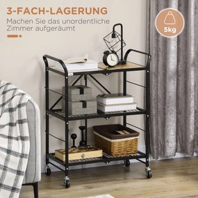 HOMCOM Kuchyňský vozík skládací, servírovací vozík se 3 úrovněmi a madlem, na 4 kolečkách, ocel, hnědá+černá| Aosom